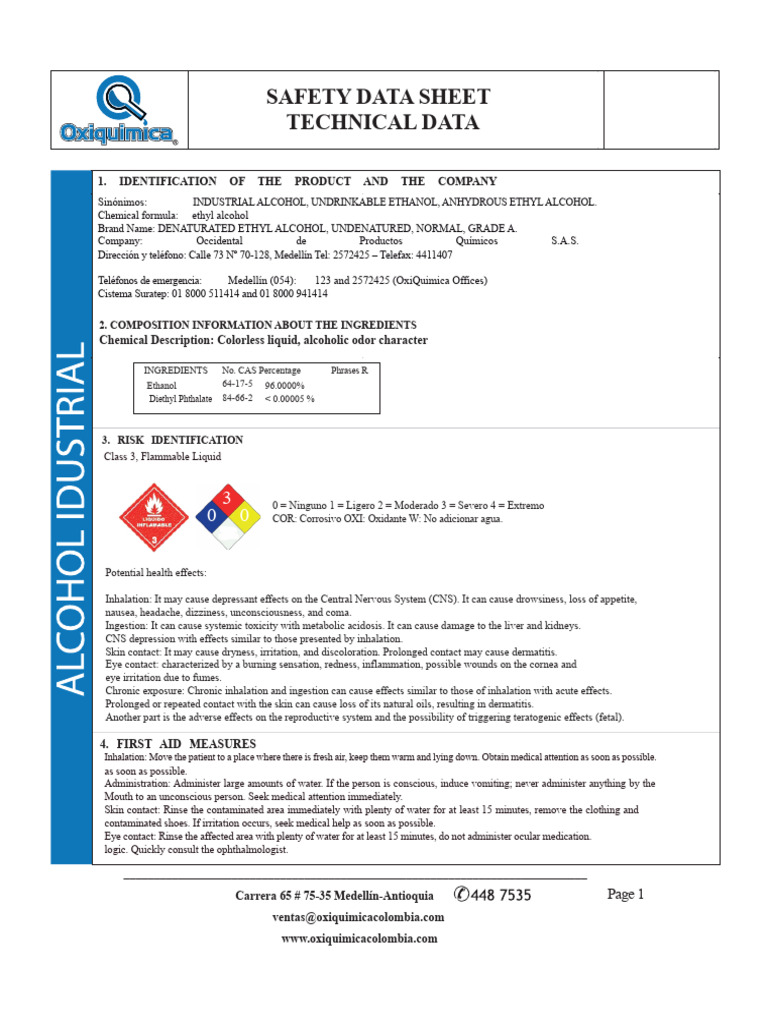 Safety Data Sheet for Denatured Ethyl Alcohol | PDF | Ethanol ...