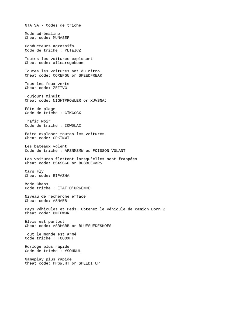 Codes de triche GTA San Andreas | PDF | Triche dans les jeux vidéo ...