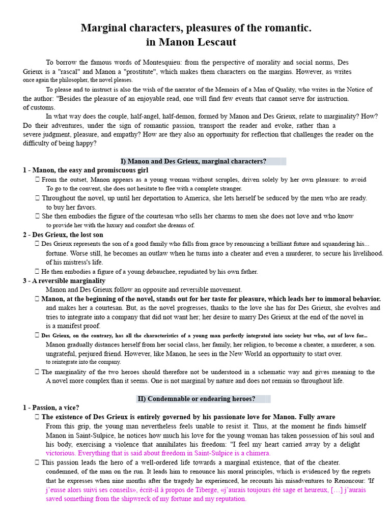 Marginal Characters, Pleasures of The Novel Student Sheet | PDF