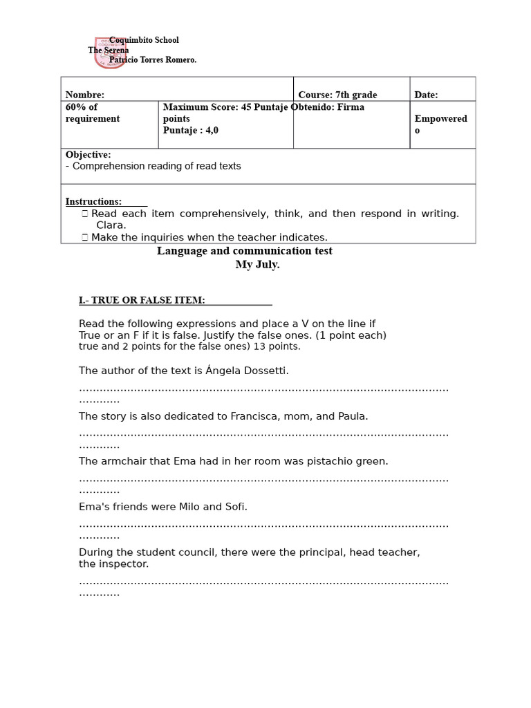 7th Grade Test Text Ema's Decision | PDF