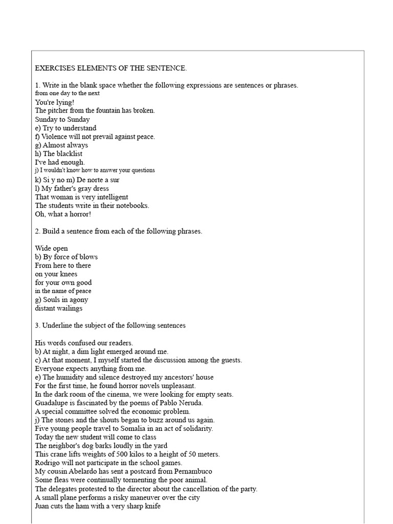 Exercises On Elements of The Sentence | PDF | Linguistics | Syntax