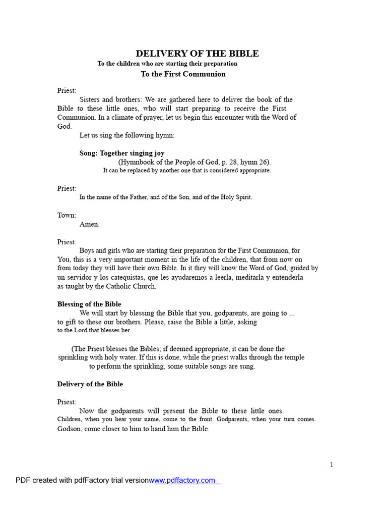 Bible Delivery Ceremony for First Communion | PDF | Godparent | Eucharist
