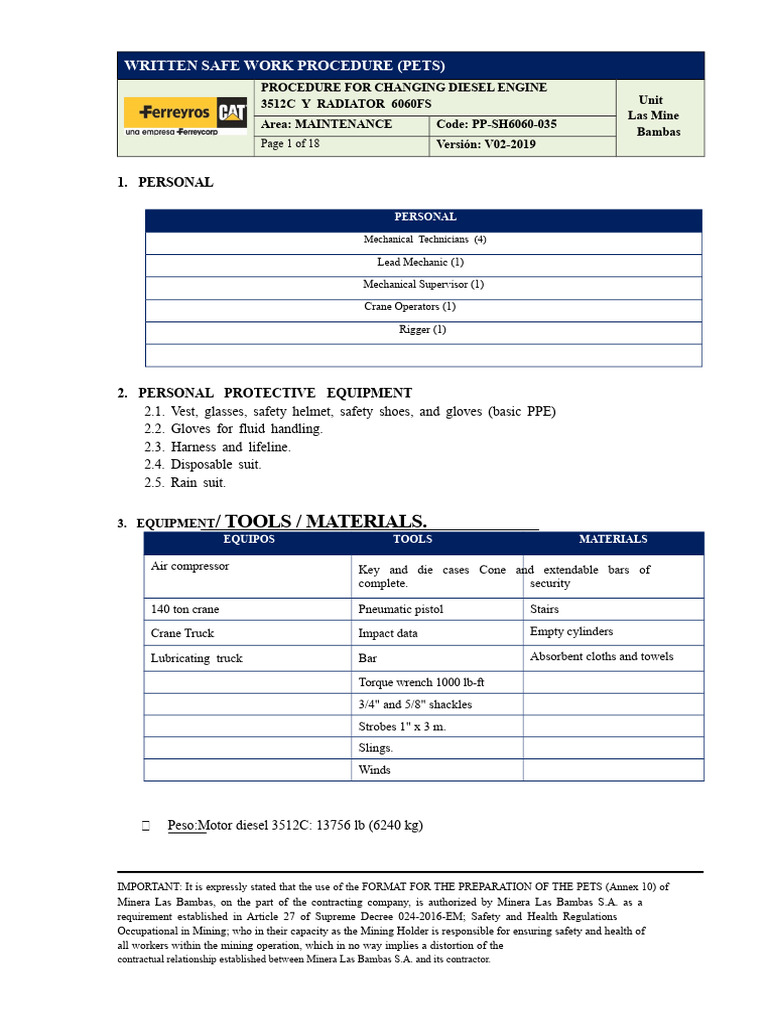 Pets Diesel Engine Change 3512c 6060fs - Updated | PDF | Occupational ...