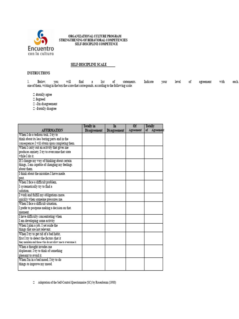 Self-Discipline Competence Assessment | PDF | Disciplines | Goal