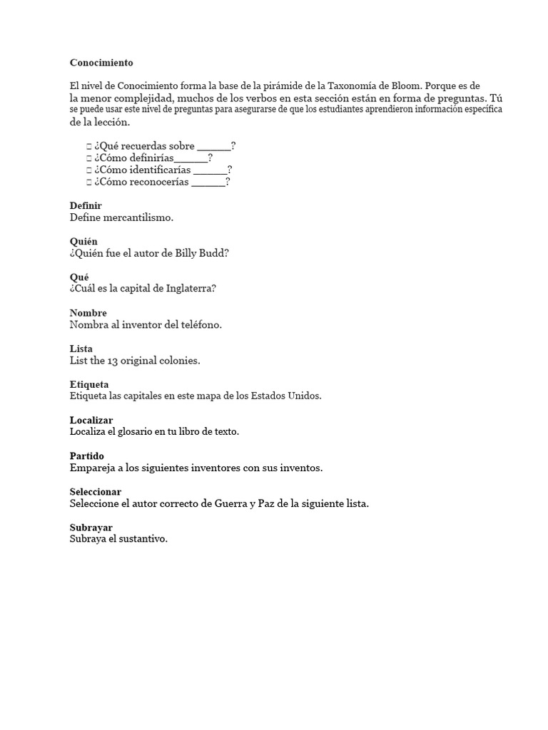 Preguntas de La Taxonomía de Bloom - Inglés | PDF