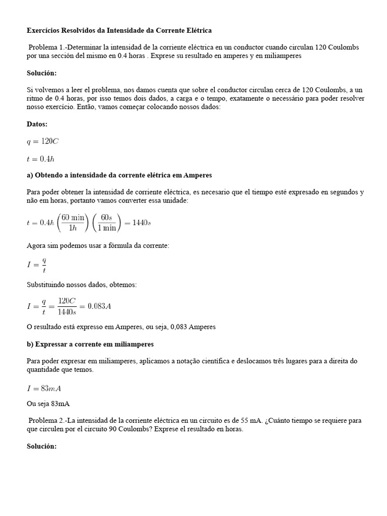 Exercícios Resolvidos da Intensidade da Corrente Elétrica.docx | PDF ...
