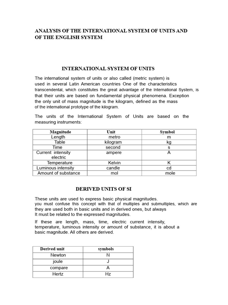 Analysis of The International System of Units and The English System | PDF | International ...