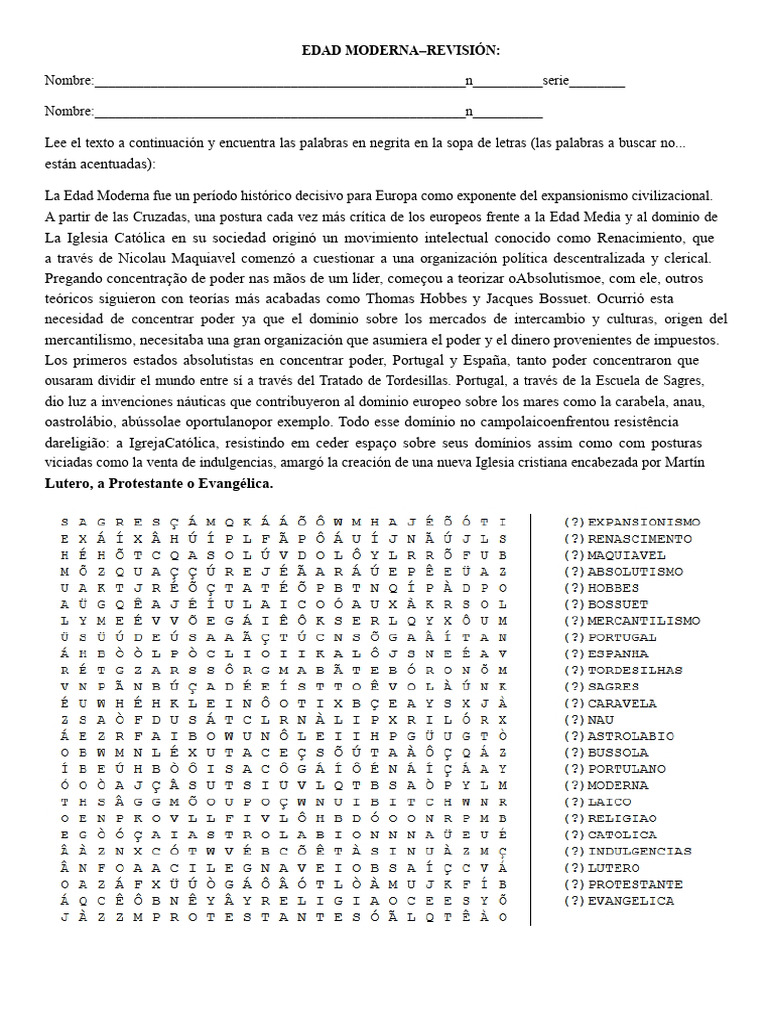 Sopa de Letras Edad Moderna | PDF