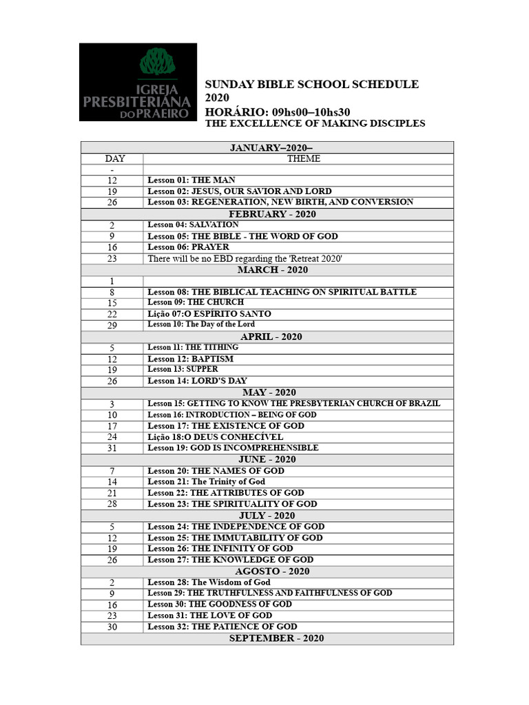 Sunday Bible School Schedule 2020 | PDF