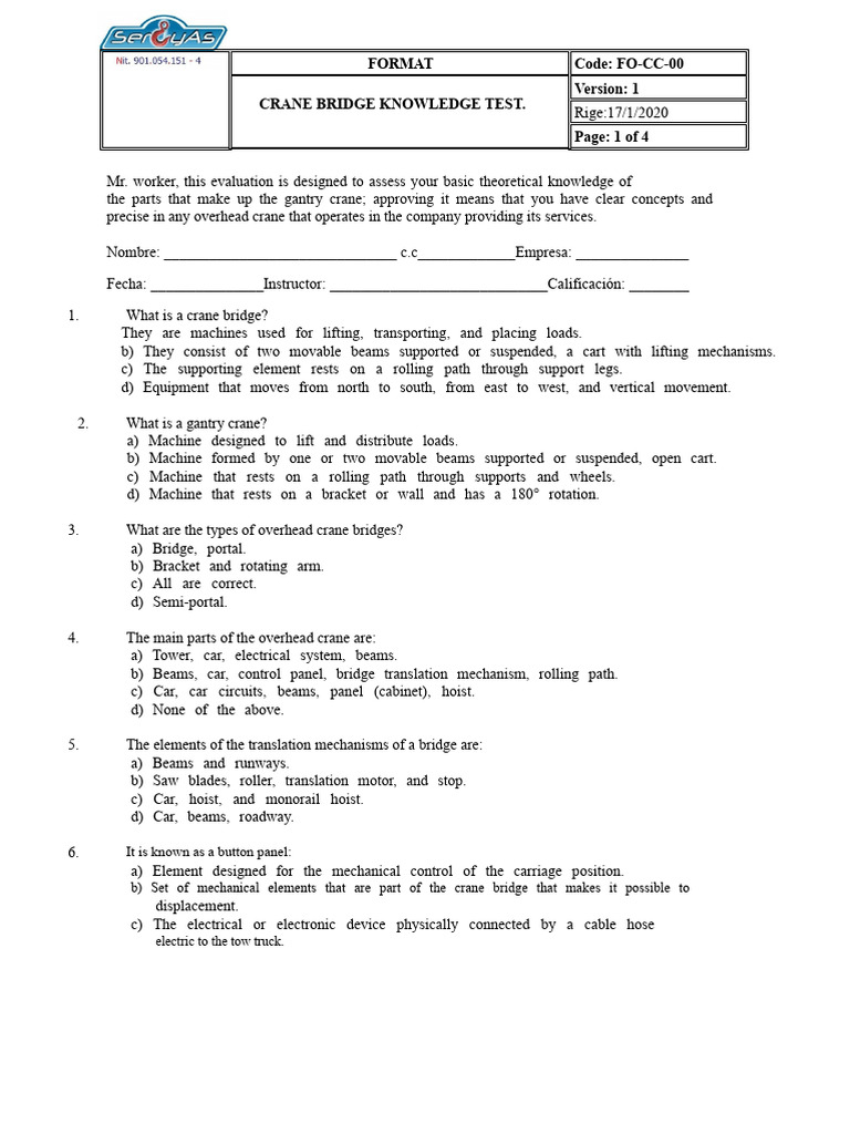 Crane Bridge Knowledge Test Guide | PDF | Crane (Machine)