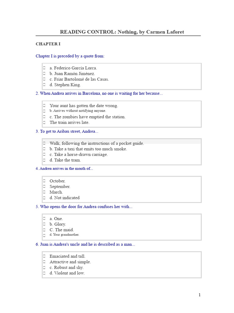 READING CONTROL Nothing Multiple Choice | PDF