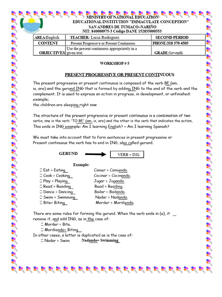WORKSHOP #5 PRESENT PROGRESSIVE OR PRESENT CONTINUOUS - SEVENTH ...