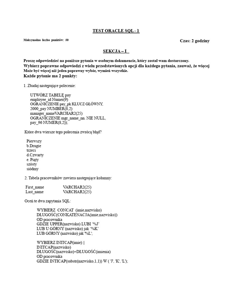 Arkusz testowy SQL | PDF