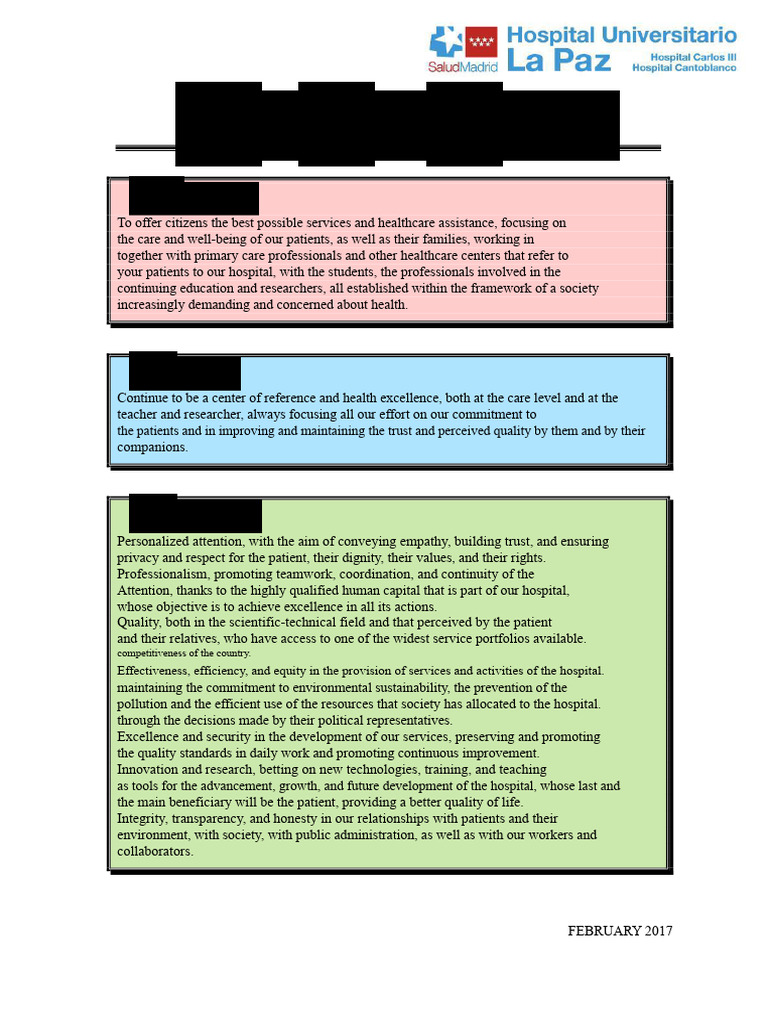Mission, Vision, and Values of Healthcare | PDF