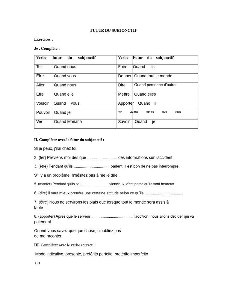 Exercices sur le futur du subjonctif | PDF | Verbe