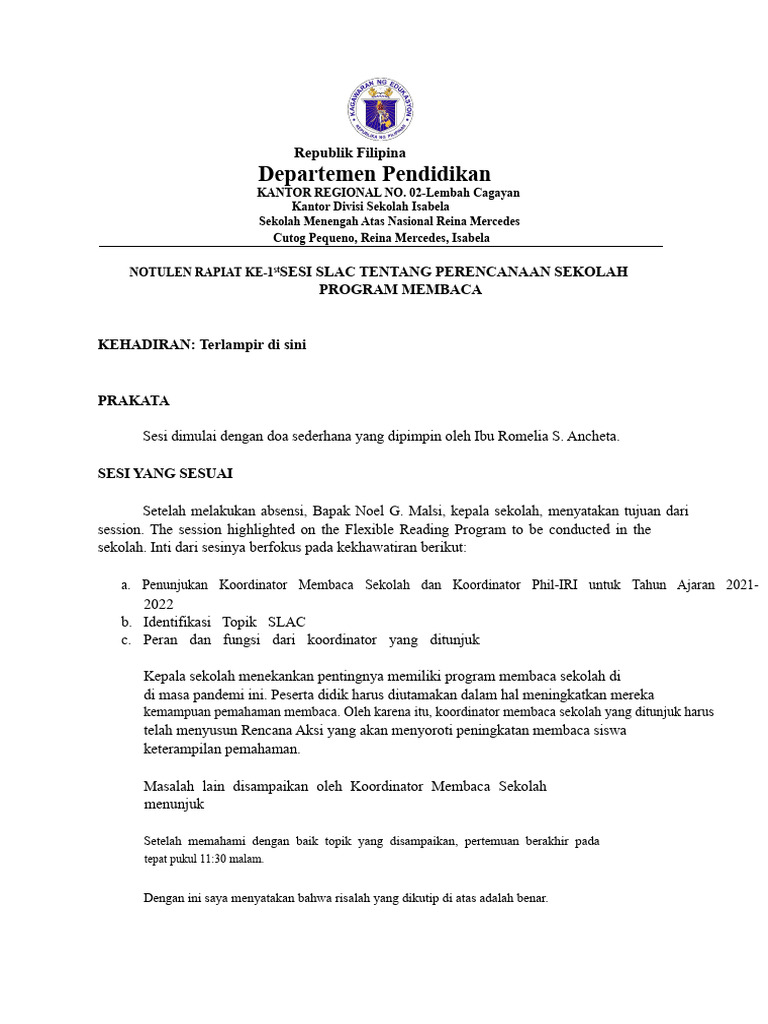 Notulen Program Membaca Sesi Slac | PDF