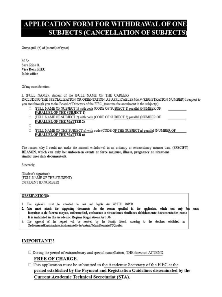 Subject Withdrawal Application Form | PDF