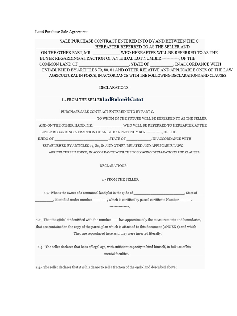 Purchase and Sale Agreement For Land | PDF | Civil Law (Legal System ...