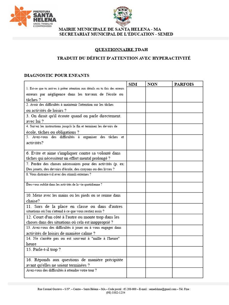 Questionnaire TDAH pour enfants à Santa Helena | PDF | Manuel ...