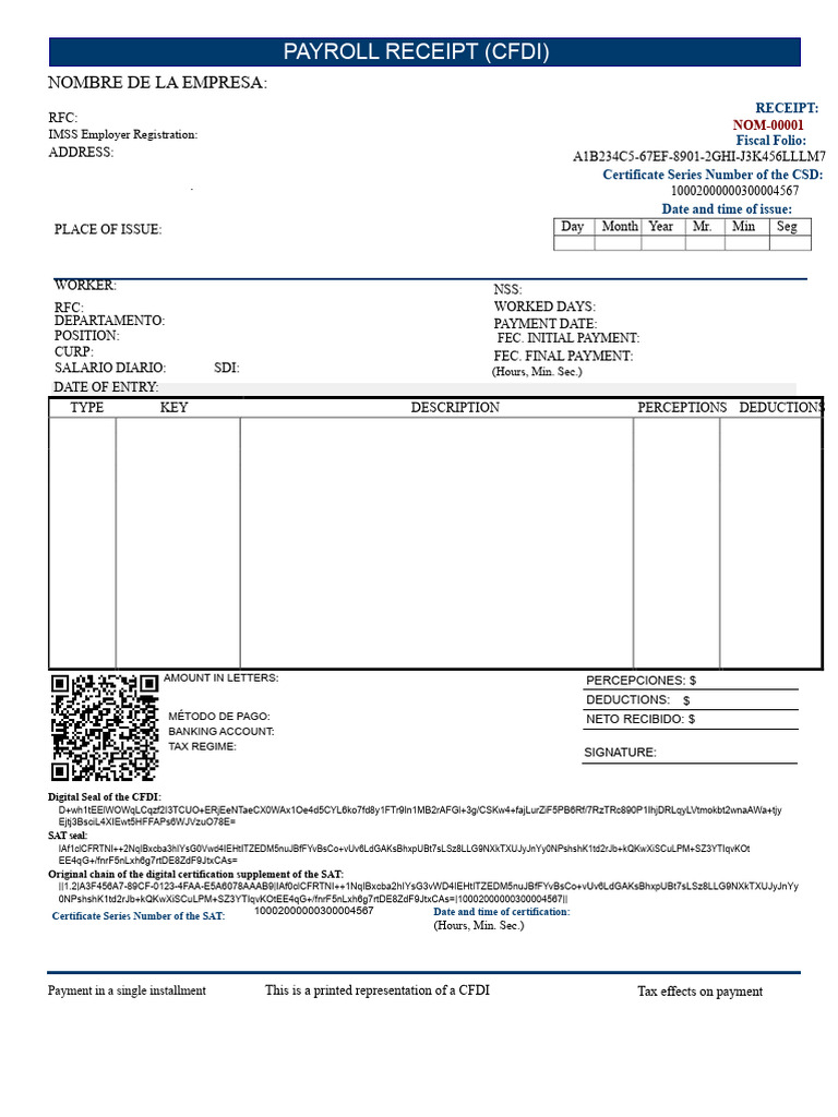 Cfdi-Payroll-Receipt-01 Example of Payroll | PDF | Payroll | Government ...