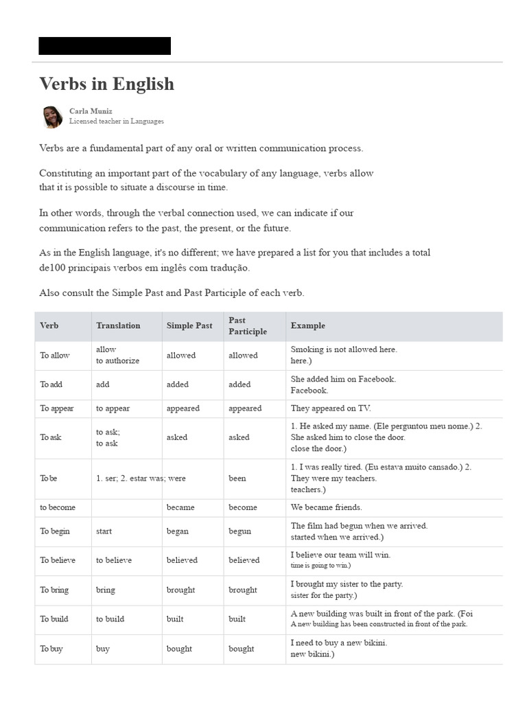 Essential English Verbs List with Translations | PDF | Verb | English ...