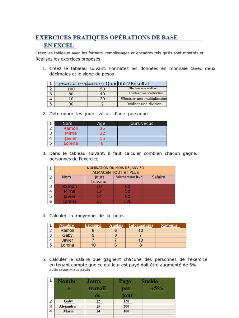 Exercices Excel Opérations Somme, Soustraction, Multiplication Et Division | PDF | Microsoft ...