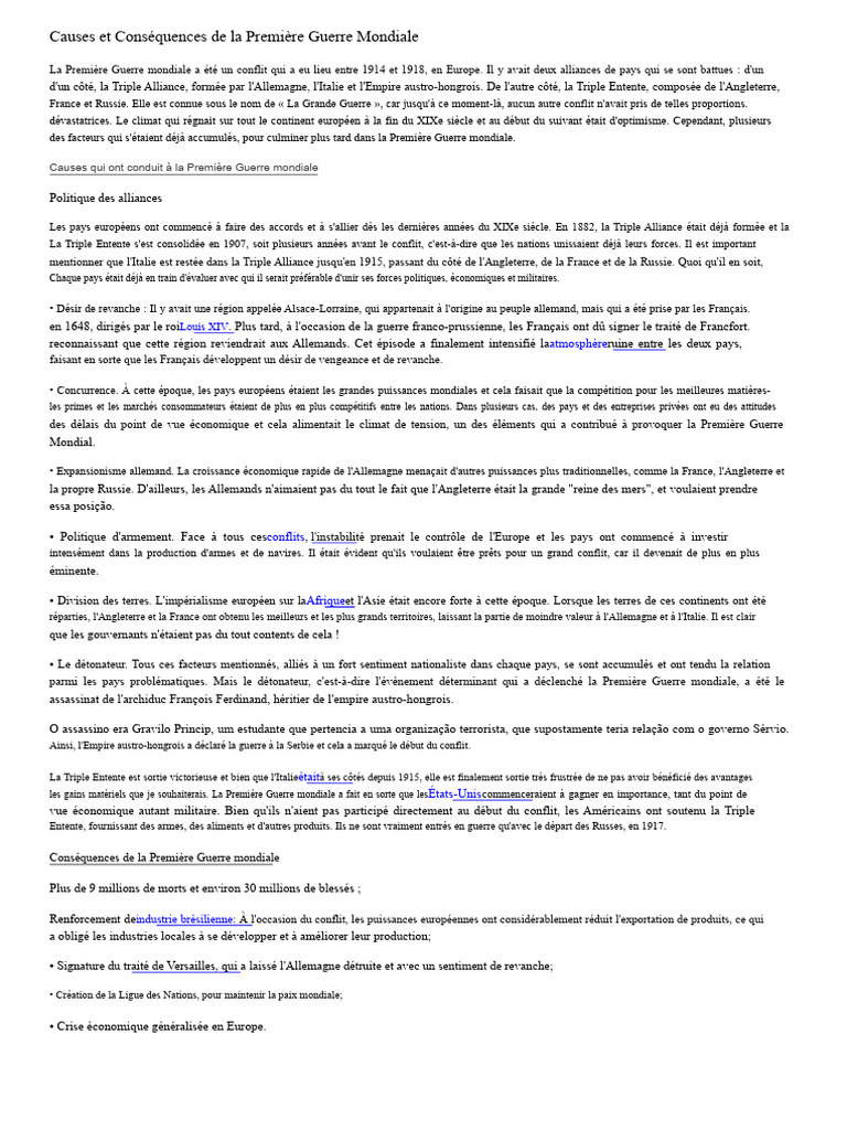 Causes et Conséquences de la WWI | PDF | Première guerre mondiale ...