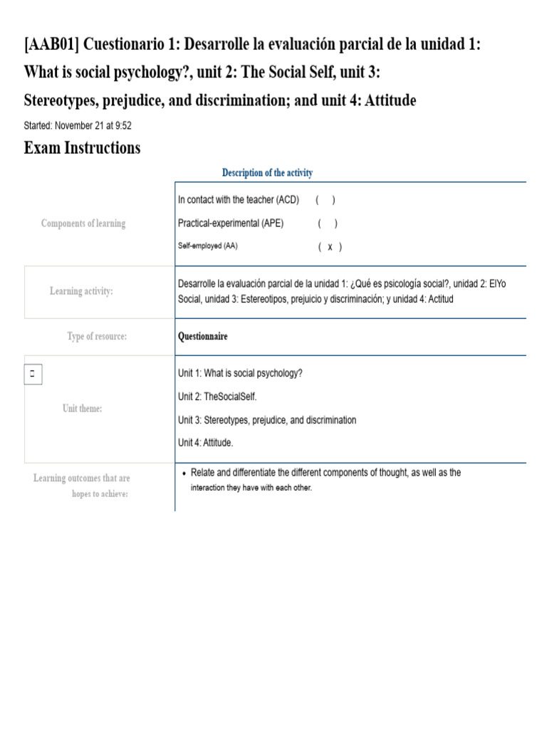 (AAB01) Cuestionario 1: Desarrolle La Evaluación Parcial de La Unidad 1 ...