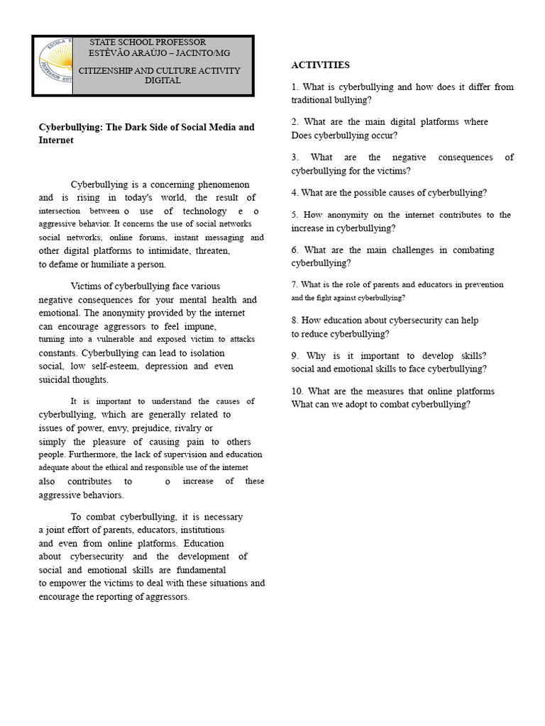 Activity Citizenship and Digital Culture 1 | PDF | Cyberbullying ...