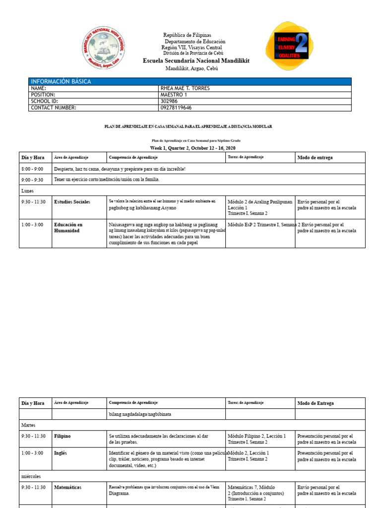 Plan de Aprendizaje en Casa Semanal para Séptimo Grado Semana 2 | PDF ...