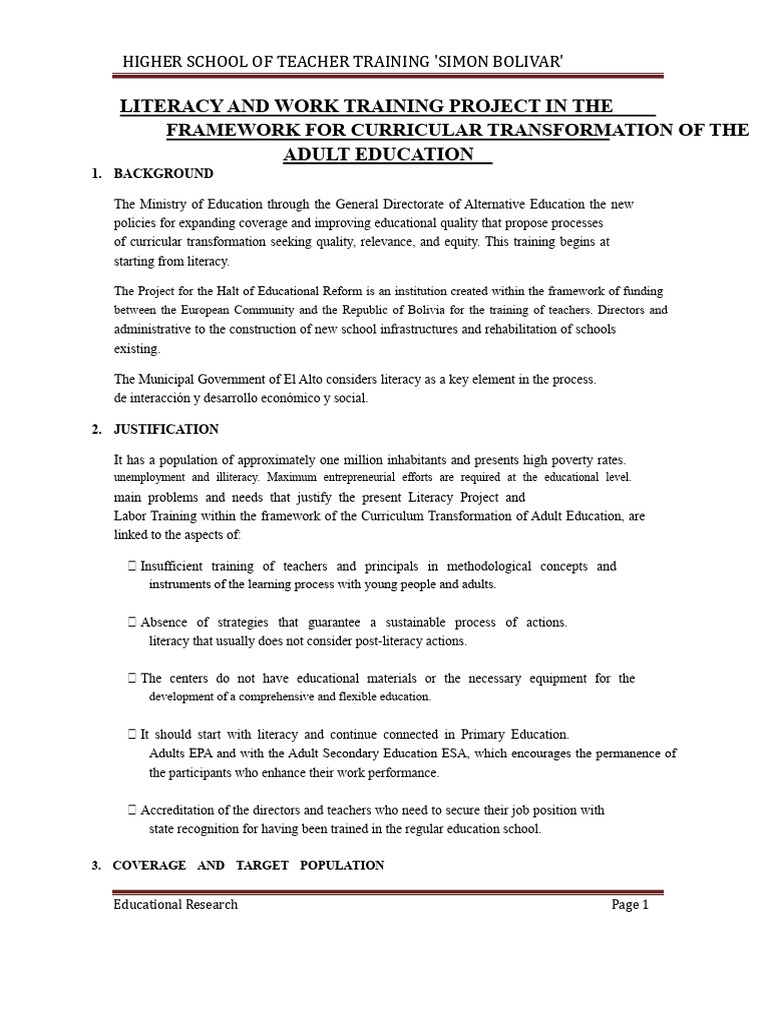 Literacy and Work Training Project Within The Framework of The ...