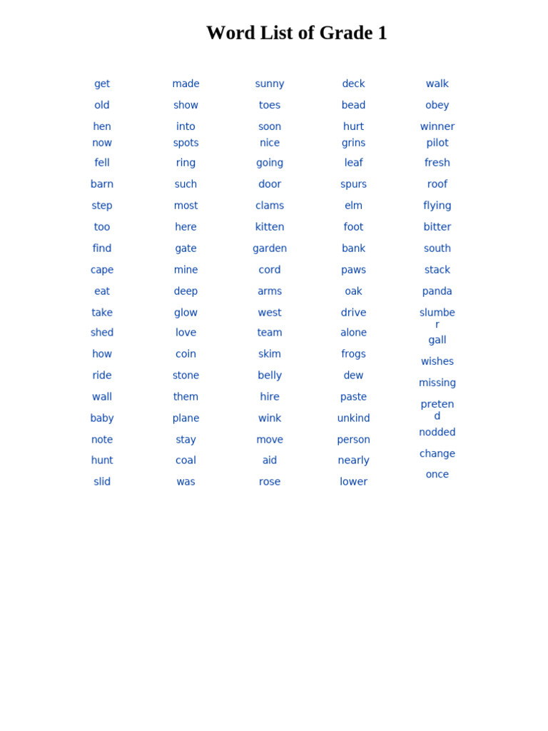 Grade 1 Vocabulary Word List | PDF