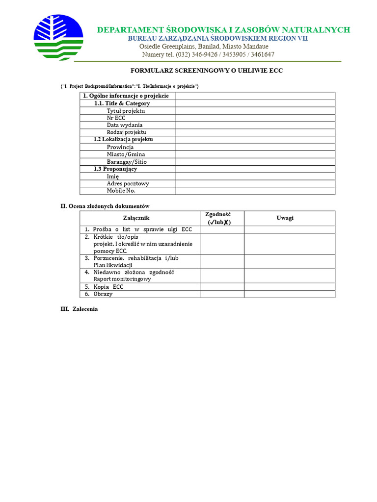 Formularz Przesiewowy ECC Relief | PDF