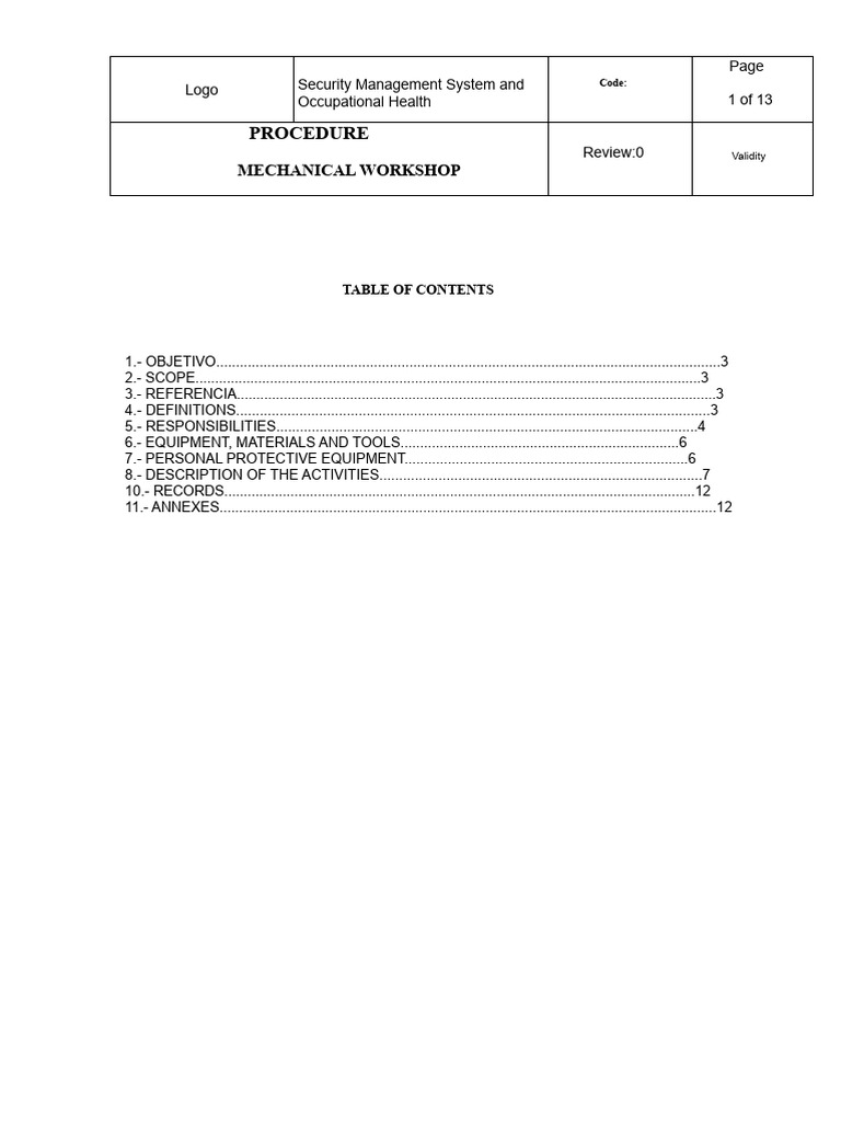 Pts-Procedure-Mechanical Workshop | PDF | Occupational Safety And ...