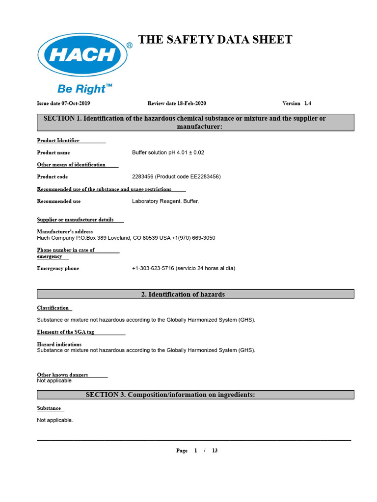 Buffer Solution Safety Data Sheet | PDF | Chemistry | Workplace