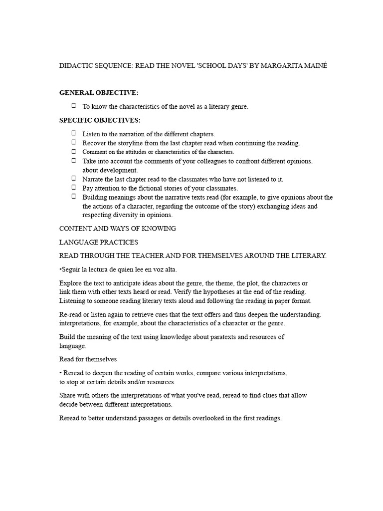 Didactic Sequence Novel School Days | PDF | Narrative | Novels