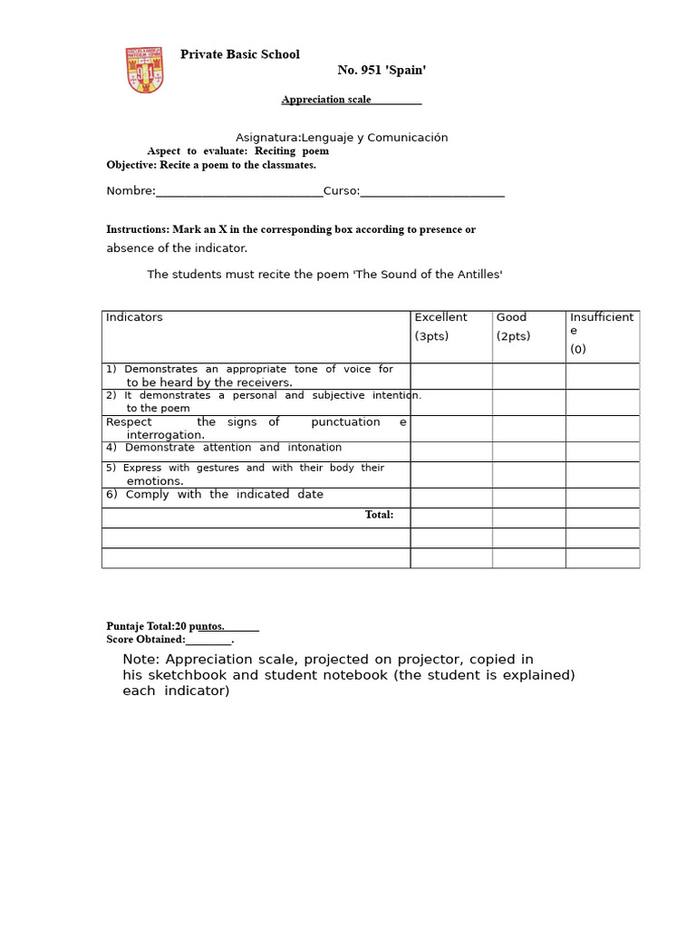 Appreciation Scale, Recite Poem | PDF