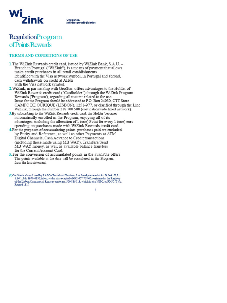 WiZink Rewards Points Program Regulations | PDF | Credit Card | Payments
