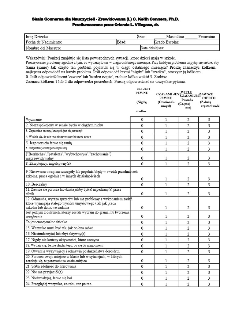 Skala Connersa Dla Nauczycieli | PDF