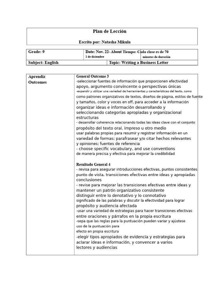 Plan de Lección Sobre Cartas Comerciales | PDF | Puntuación ...