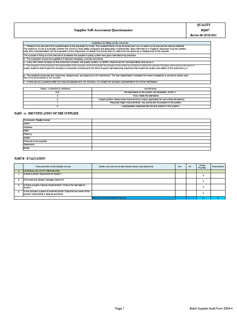 Supplier Self-Assessment Questionnaire | PDF | Evaluation ...