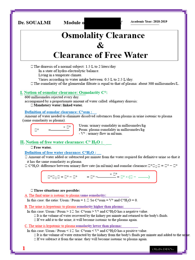 Osmolality and Free Water Clearance Explained | PDF | Kidney