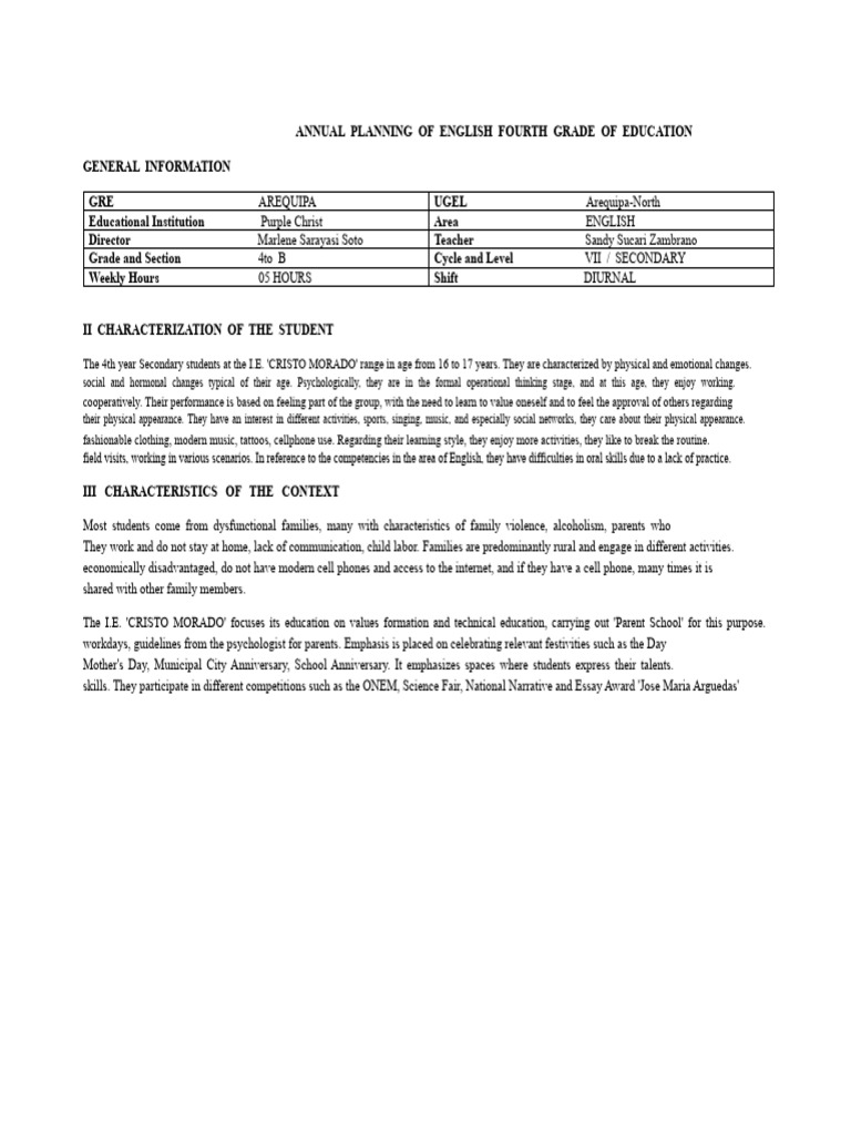 Fourth Grade English Annual Planning | PDF | Semantics | Information