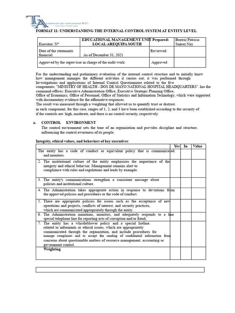 Internal Control System Evaluation Guide | PDF | Internal Control ...