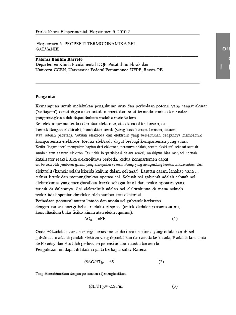 Termodinamika Sel Galvanik: Eksperimen 6 | PDF