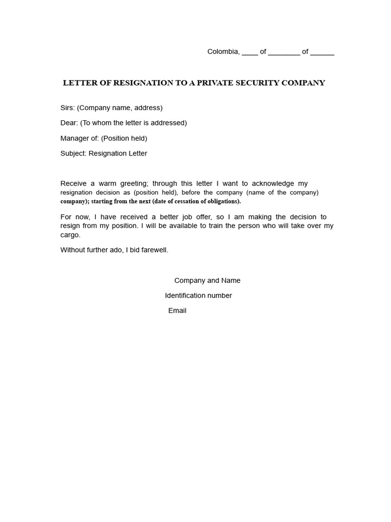 Resignation Letter To A Private Security Company | PDF