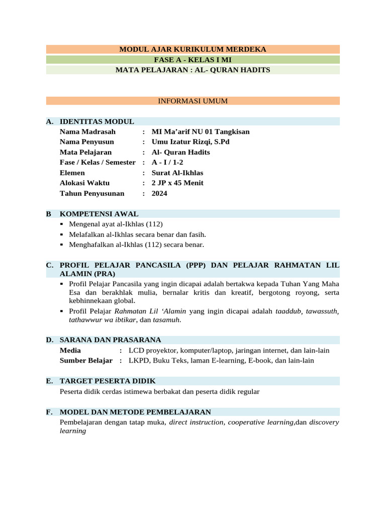 Ci (2) Modul Ajar Qurdis Kelas 1 | PDF