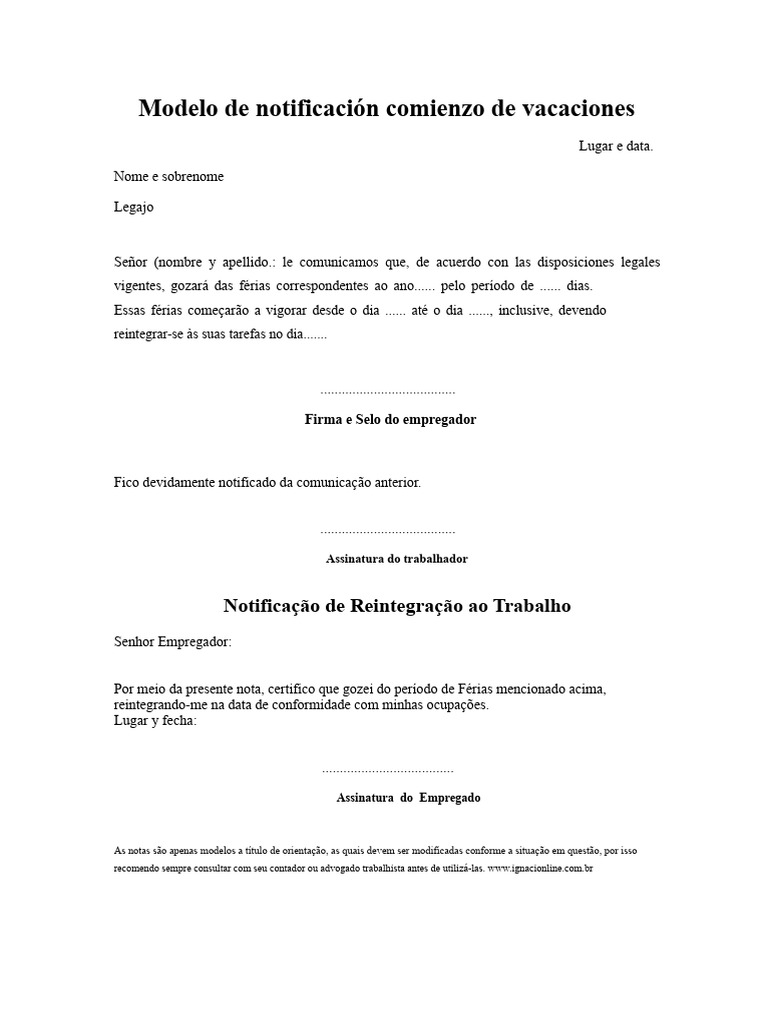 Modelo de Notificação de Férias e Reintegração | PDF
