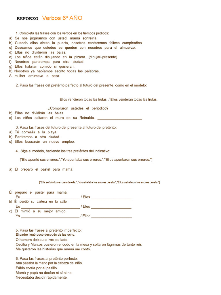 Ejercicios de Verbos para 6º Año | PDF | Verbo | Mecánica del lenguaje