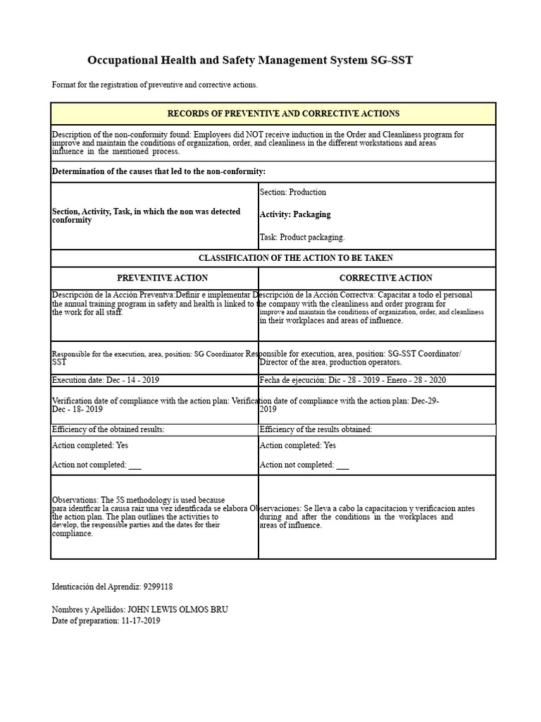 SG-SST Preventive and Corrective Actions | PDF | Business | Labor